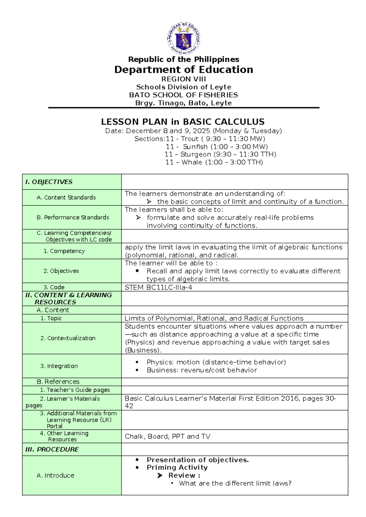 BATO SCHOOL OF FISHERIES BASIC CALCULUS LESSON PLAN: Limits of ...