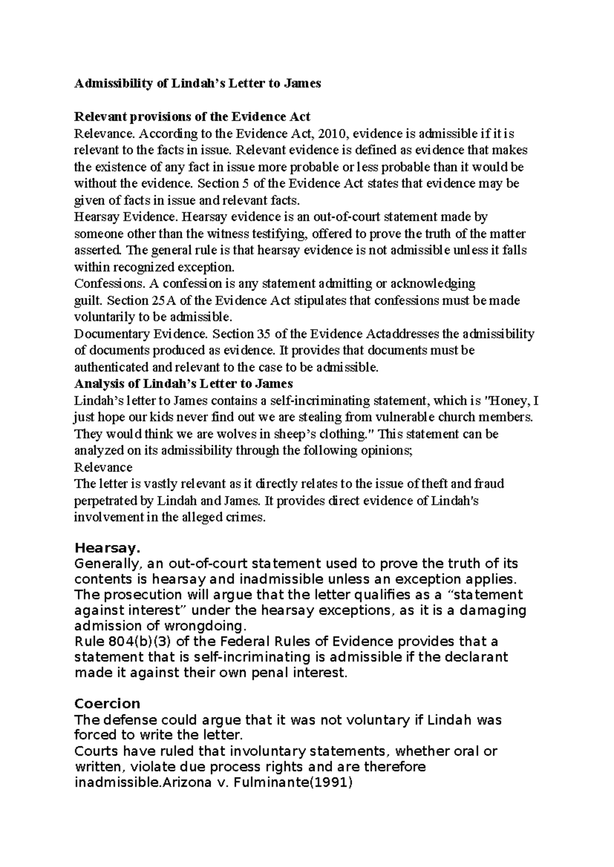 Admissibility of Letter to James: Evidence Act Analysis (Part 2) - Studocu