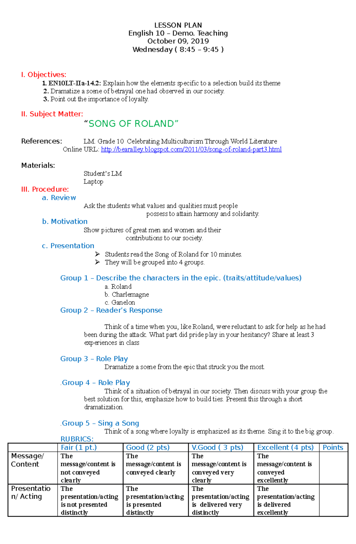 Lesson Plan for English 10: Exploring "The Song of Roland" - Studocu
