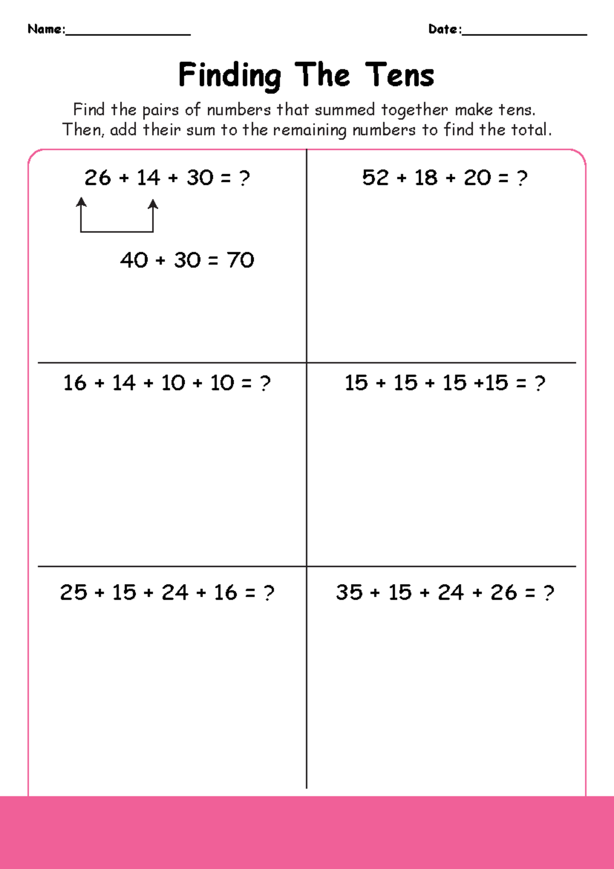 Finding Tens and Sums - 2nd Grade Worksheet - Name: 26 + 14 + 30 ...