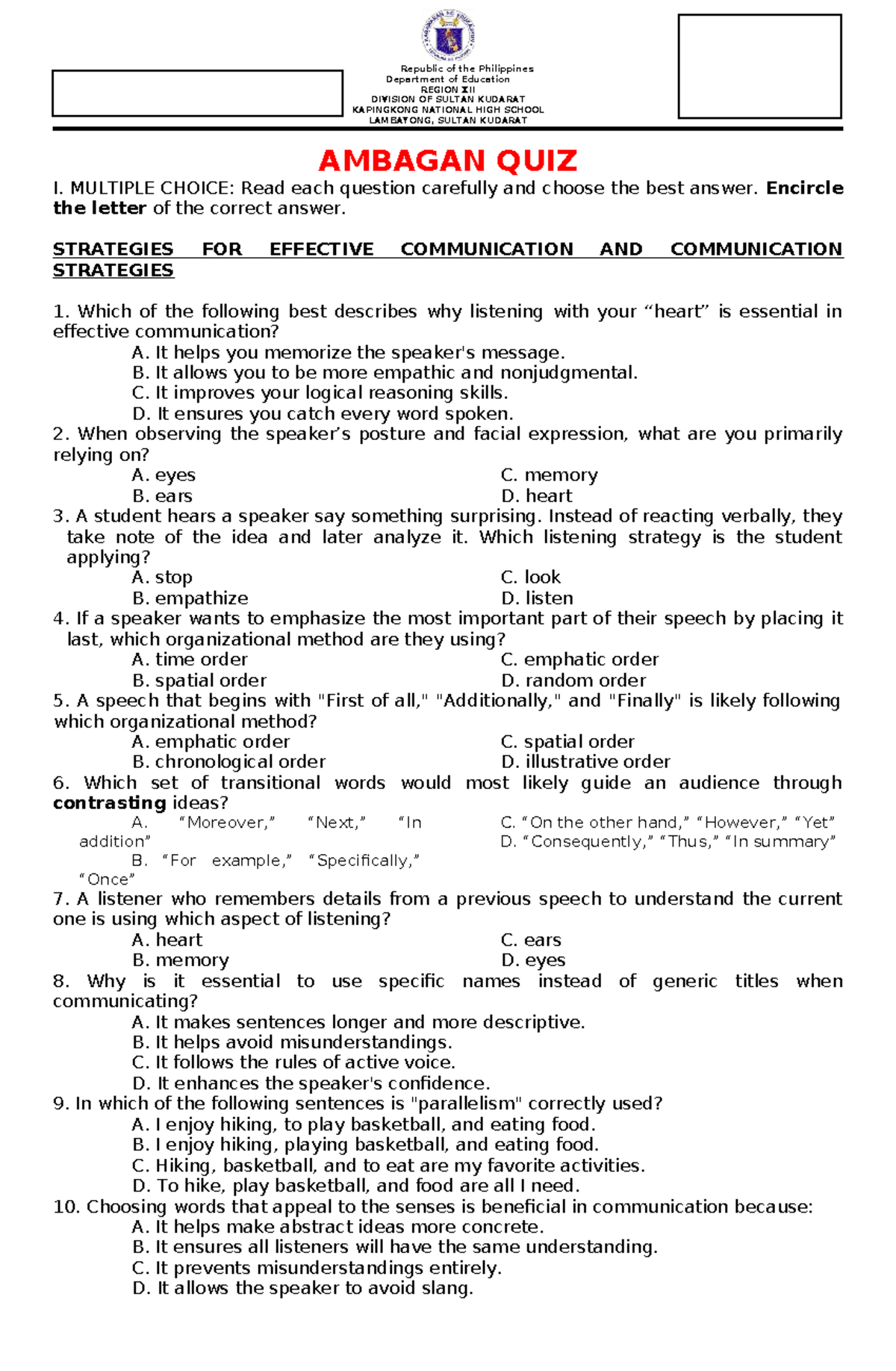 Ambagan Quiz - Sample Quiz on Effective Communication Strategies - Studocu