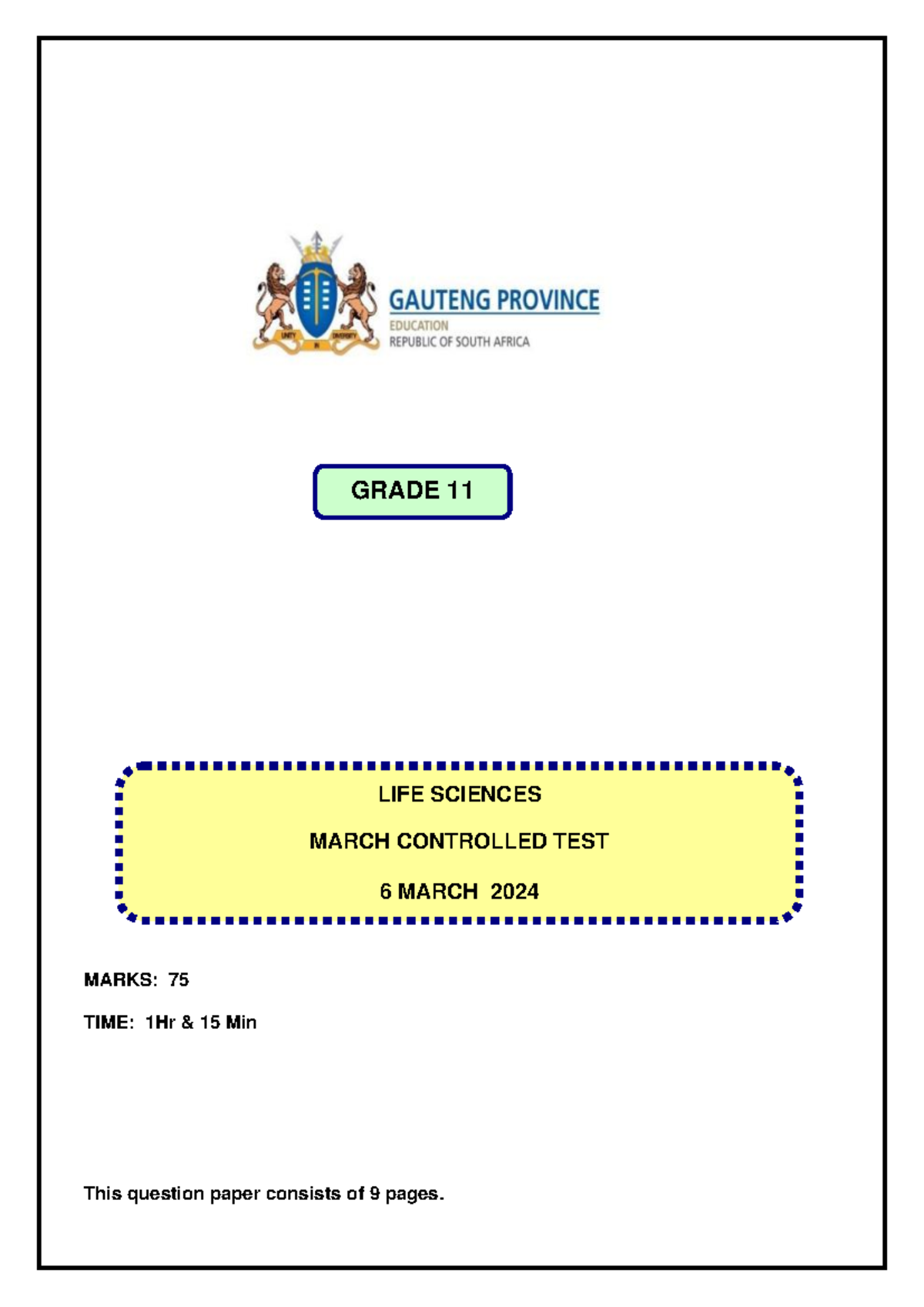 Grade 11 Life Sciences Term 1 Controlled Test - March 2024 - Studocu