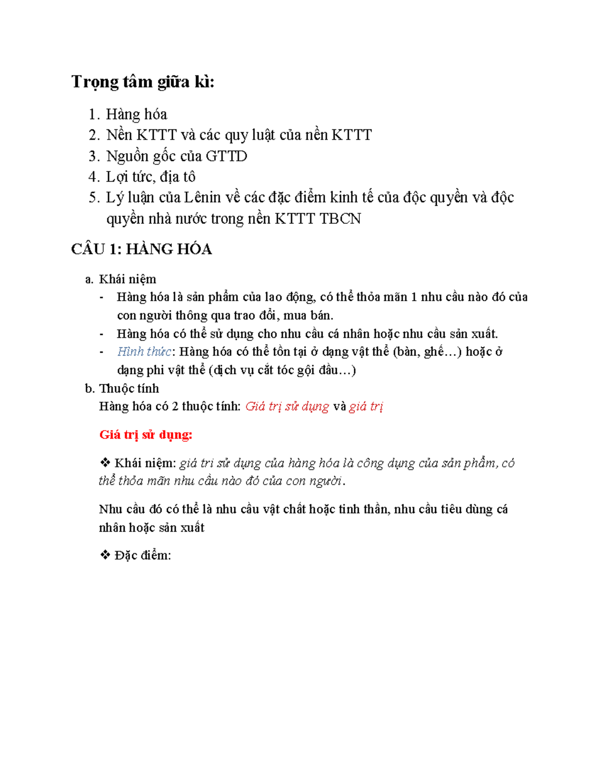 Ktct - ktct - Trọng tâm giữa kì: 1. Hàng hóa 2. Nền KTTT và các quy ...