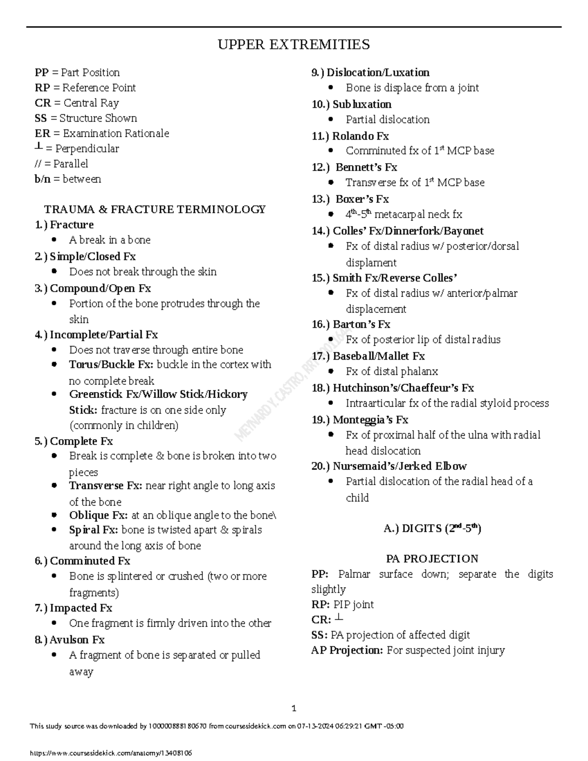 Upper Extremities Trauma & Fracture Terminology Guide - Studocu