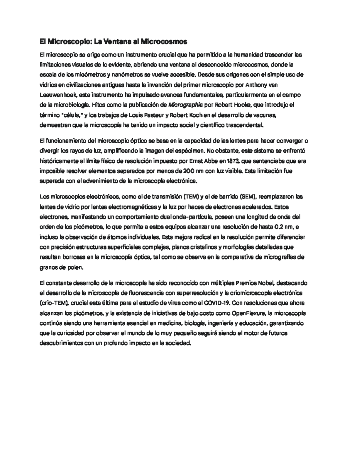 Resumen del Microscopio: Ventana al Microcosmos y sus Avances - Studocu