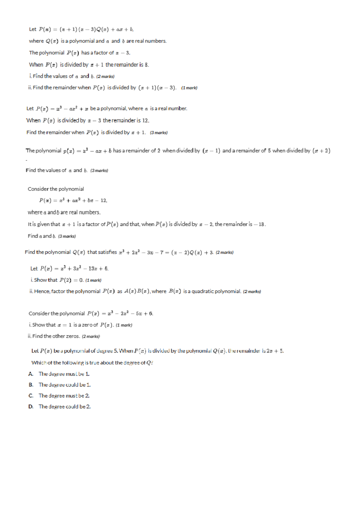 Remainder Factor Theorem Revision for Polynomial P(x) Analysis - Studocu