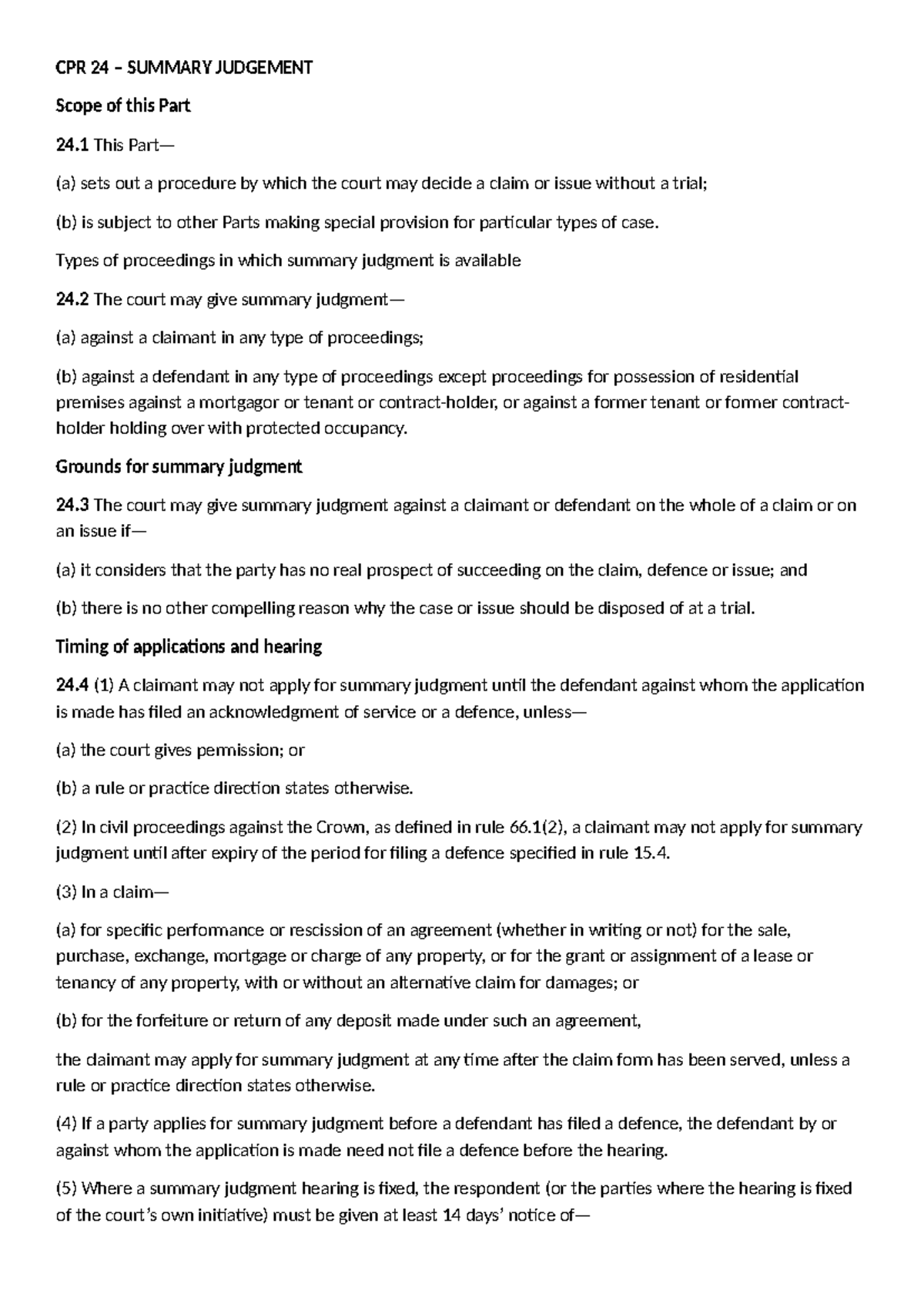 Civil Procedure Rules Lecture Notes WS 6: Summary Judgment Explained ...
