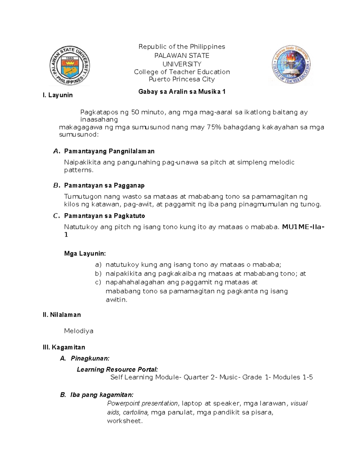 Music-LP-Final: Detailed Lesson Plan on Pitch and Melody - Studocu