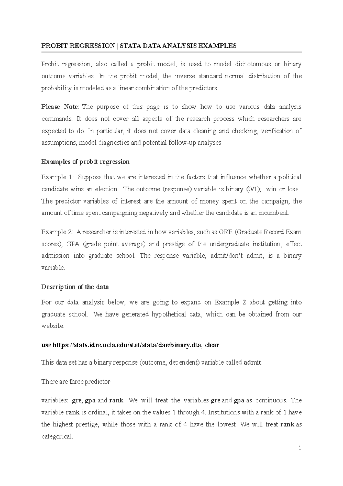 Probit Regression Analysis with Stata: Examples and Outputs - Studocu