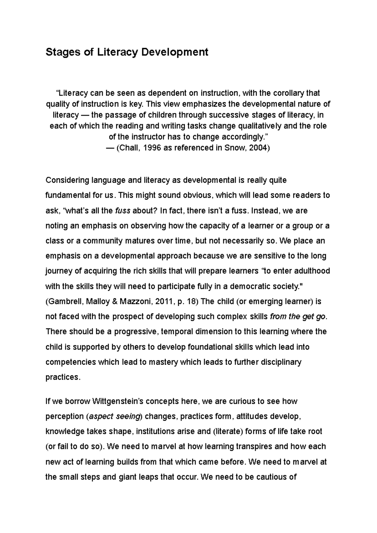 Stages of Literacy Development RW - Stages of Literacy Development ...
