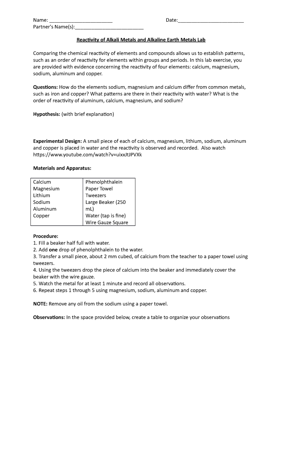 Lab Report: Reactivity of Alkali Metals & Alkaline Earth Metals (CHEM ...