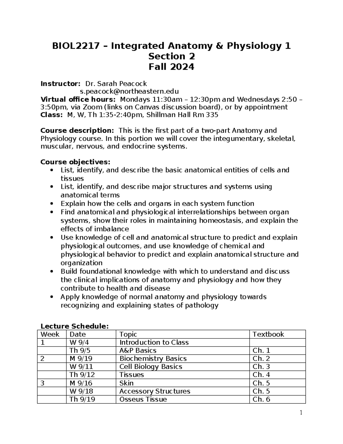 BIOL2217 - Fall 2024 Syllabus for Integrated Anatomy & Physiology 1 ...