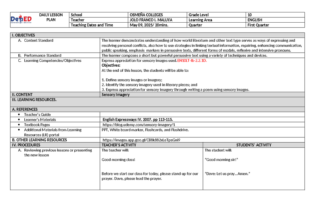 DAILY LESSON PLAN: Sensory Imagery for Grade 10 English (1st Qtr) - Studocu