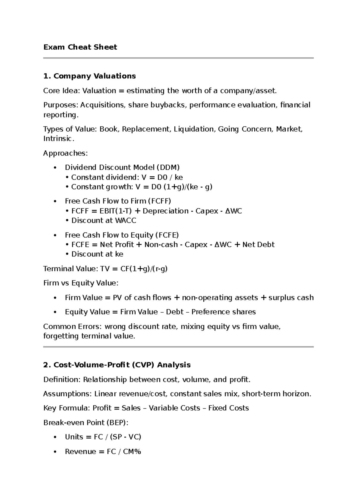 Exam Cheat Sheet - Man Fin: Company Valuations & Working Capital - Studocu