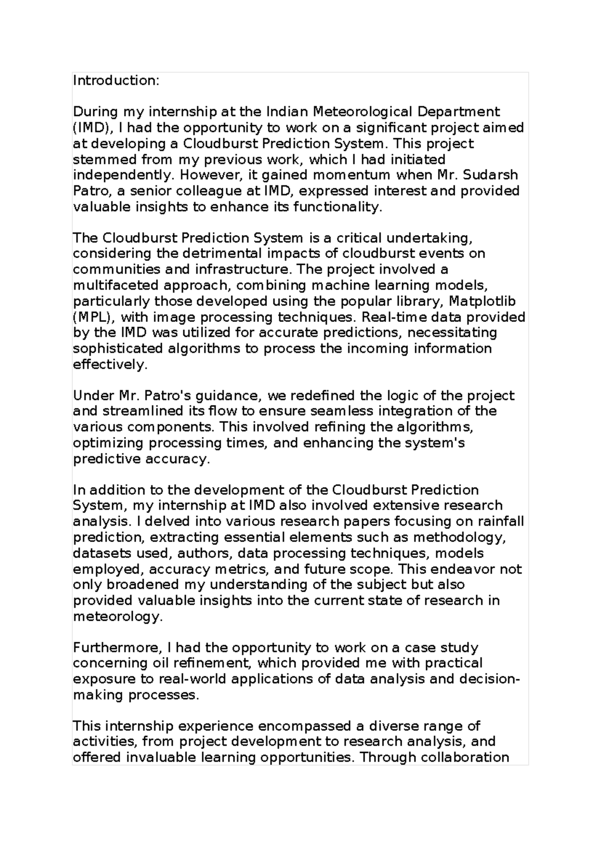 IMD Internship Report: Developing a Cloudburst Prediction System - Studocu