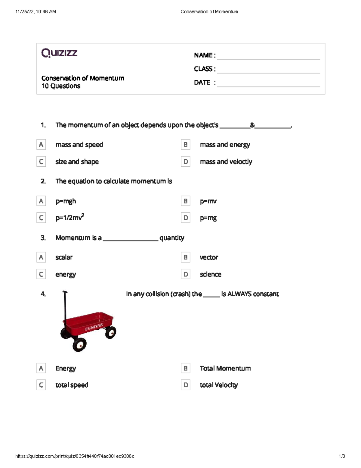 Conservation of Momentum Quiz - 10 Questions - Studocu
