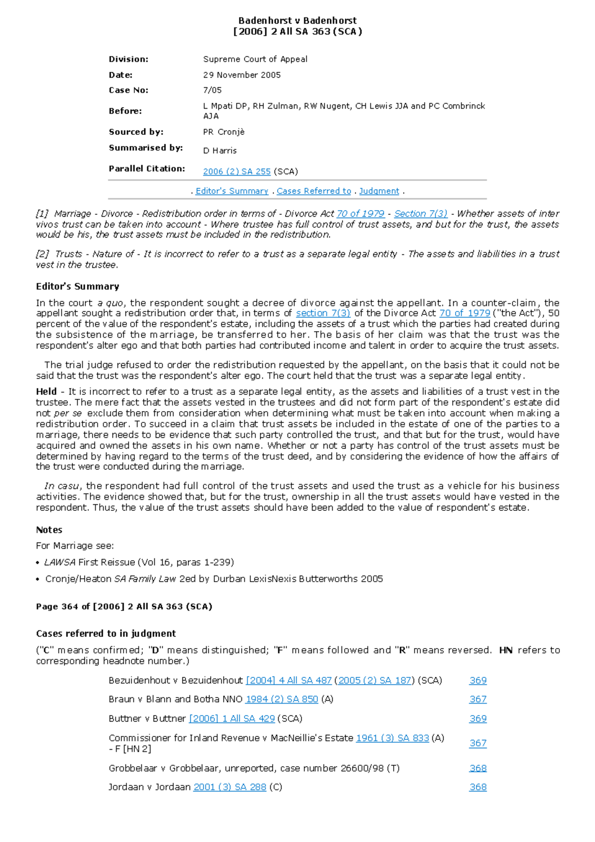 Badenhorst v Badenhorst [2006] 2 All SA 363 (SCA) - Divorce and Trust ...