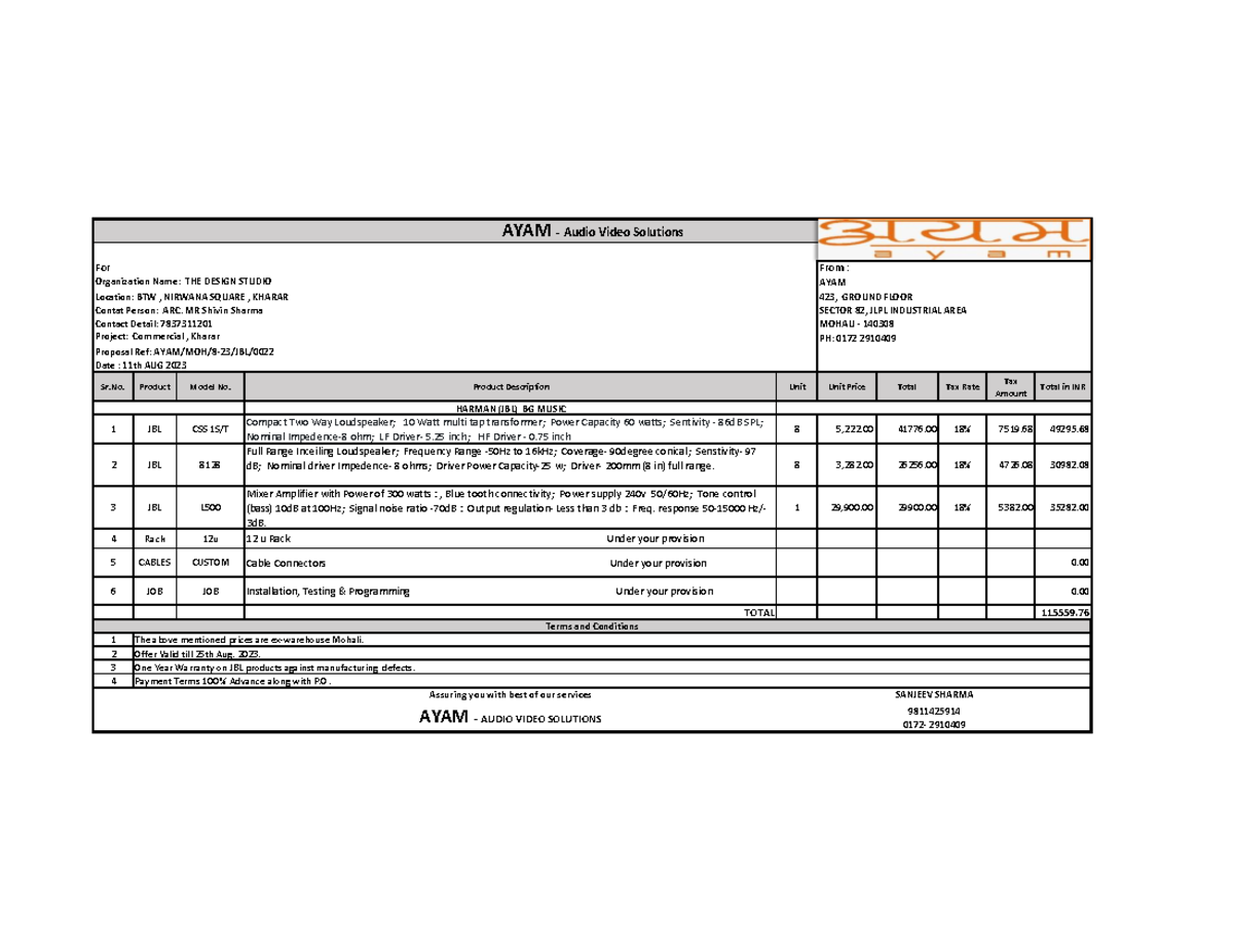 BOQ for JBL Audio Equipment - Kharar Project Proposal - Studocu