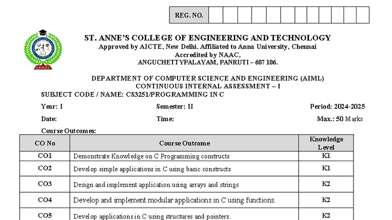 Programming in C - CIA 1 Question Paper (CS3251) - Studocu