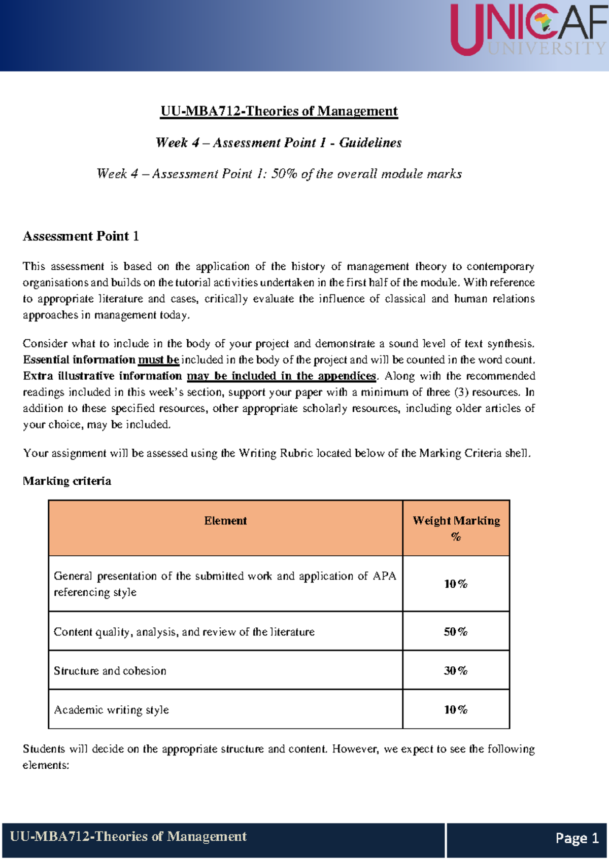 UU-MBA712 Week 4 - Assessment Point 1: Management Theories Application - Studocu
