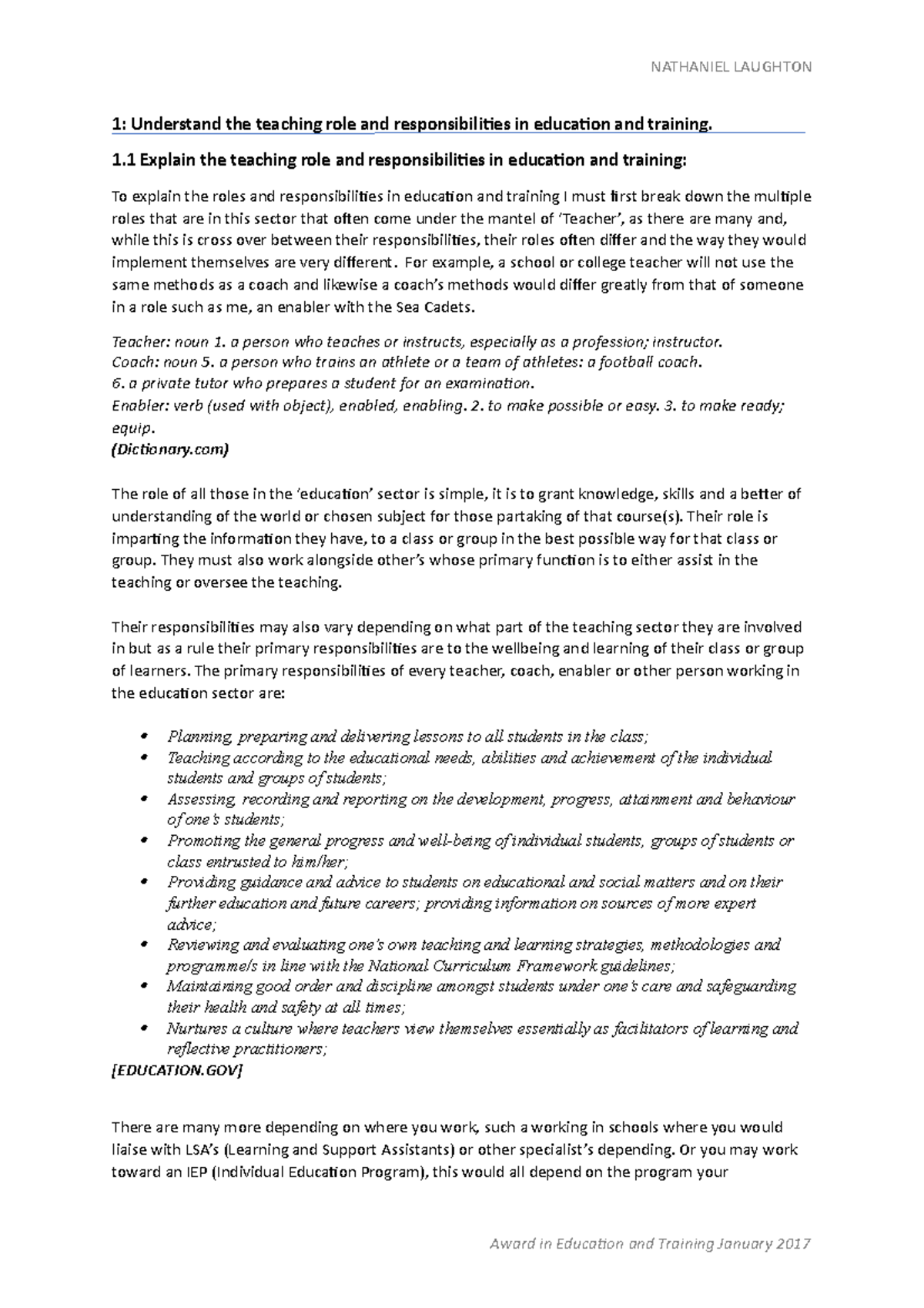 1 1 Explain the teaching role and responsibilities in education and ...