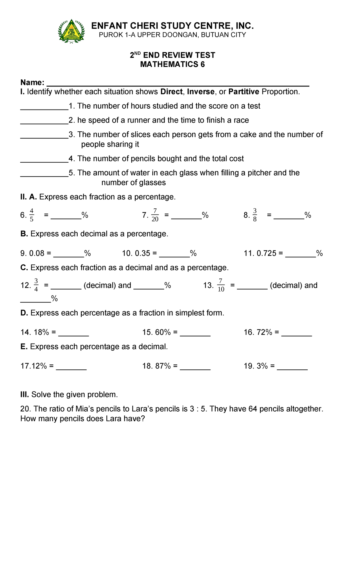 Grade 6 Mathematics 2nd End Review Test - Proportions & Percentages ...