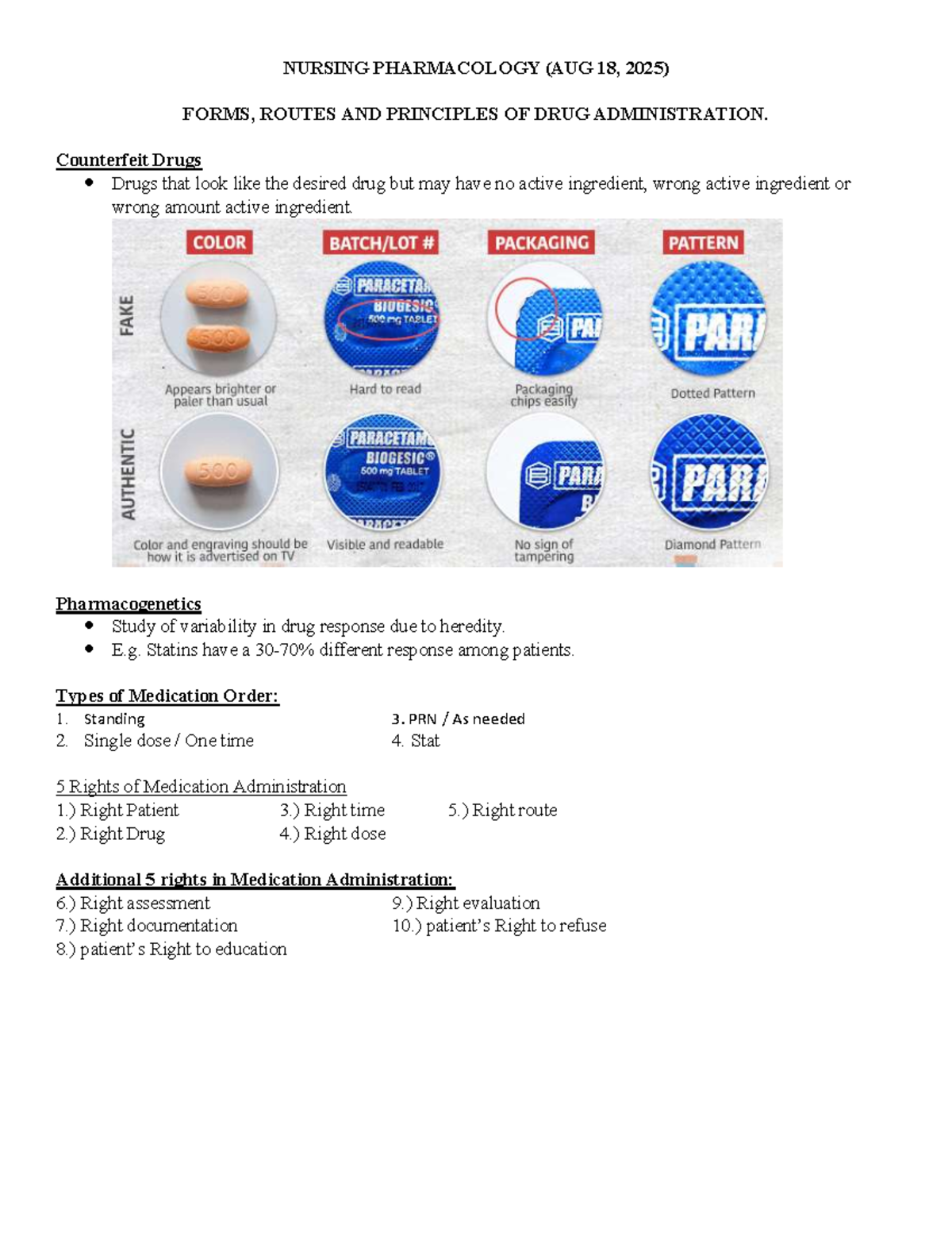 NURSING PHARMACOLOGY (AUG 18, 2025): DRUG ADMINISTRATION PRINCIPLES ...