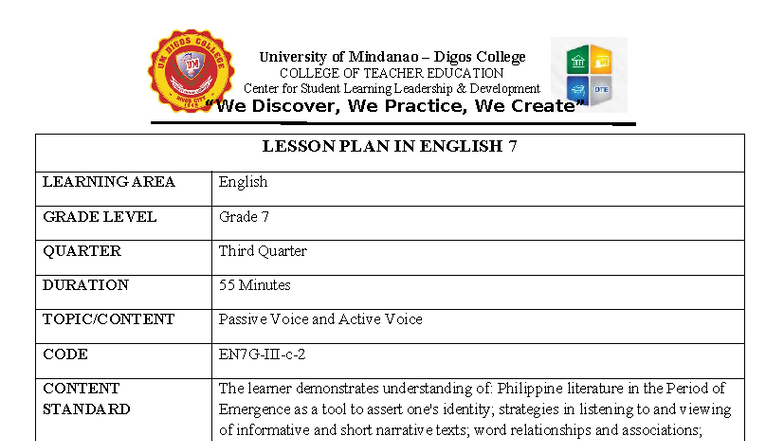 Lesson Plan in English 7: Active and Passive Voice (EDUC 101) - Studocu