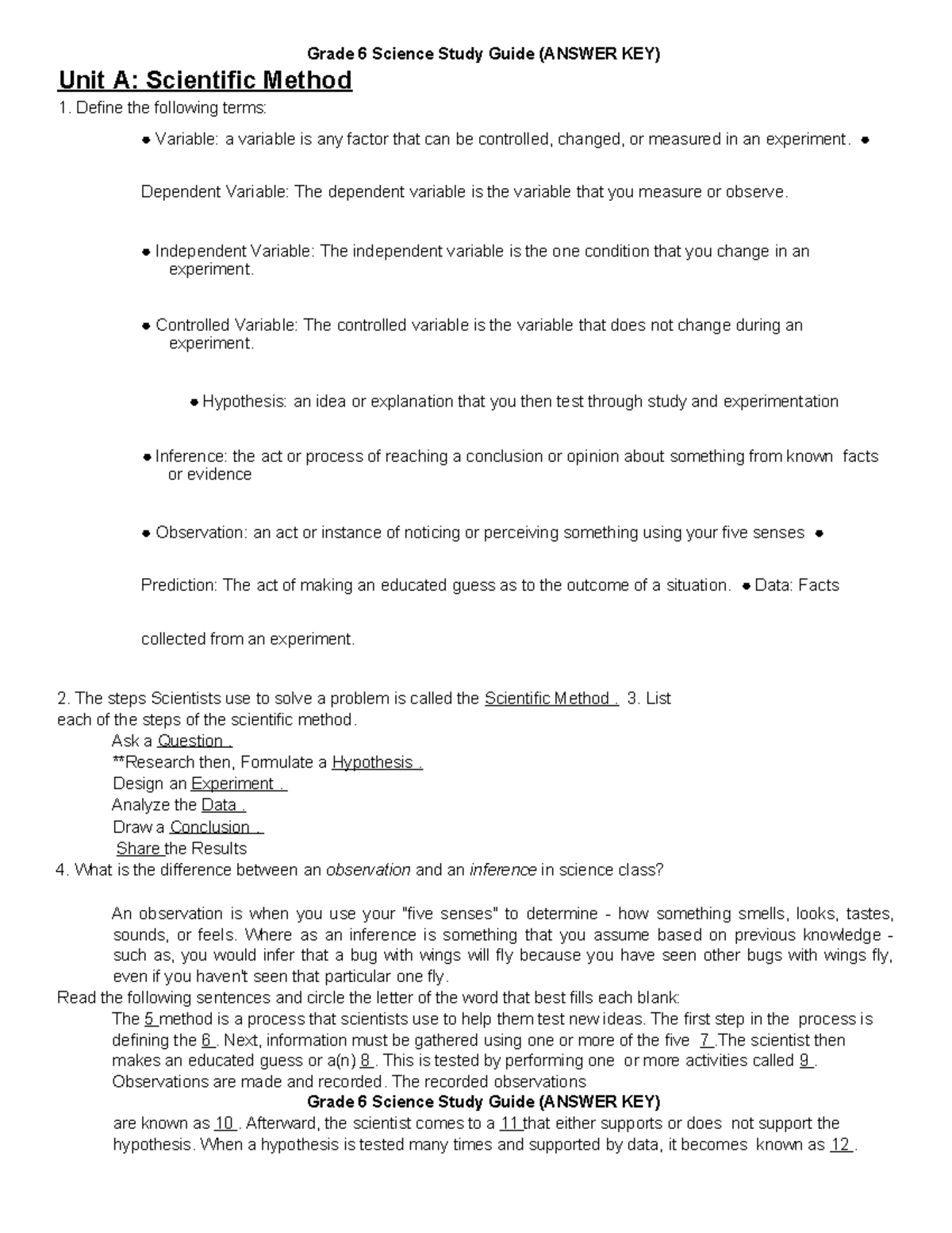 Grade 6 Science Final Exam Study Guide Answer Key - Studocu