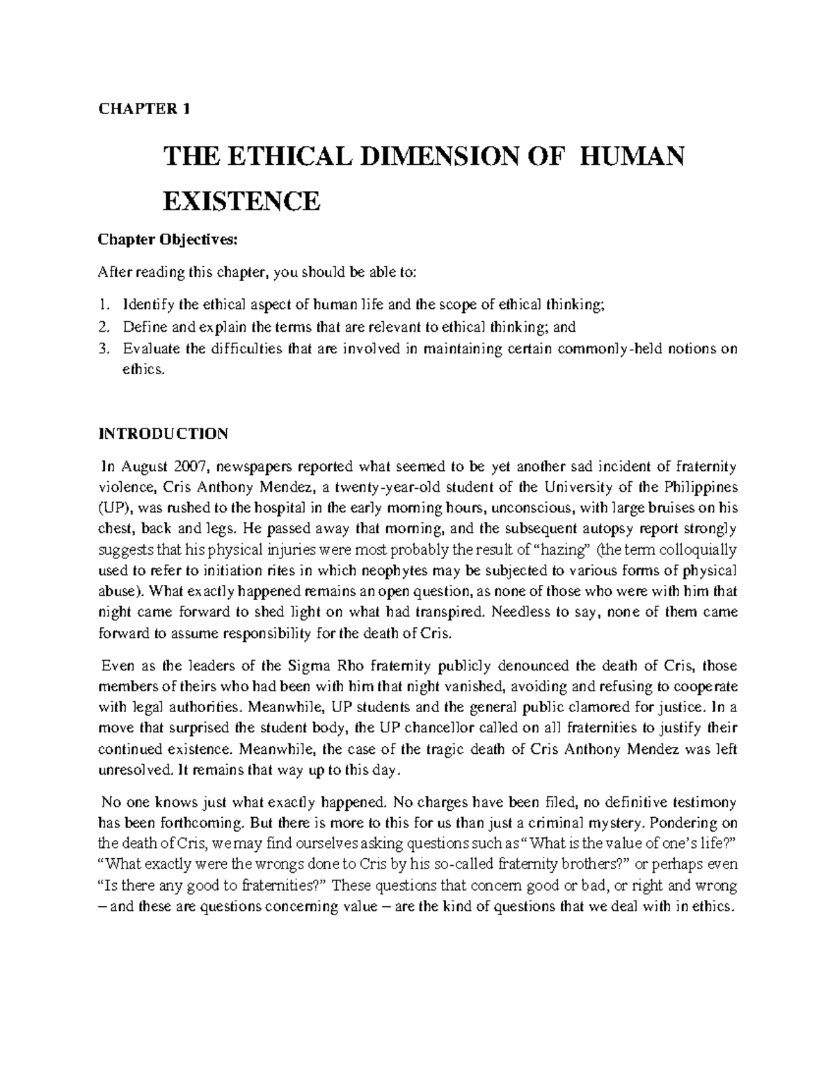 Book in Ethics (1st Year) - CHAPTER 1 THE ETHICAL DIMENSION OF HUMAN EXISTENCE Chapter ...