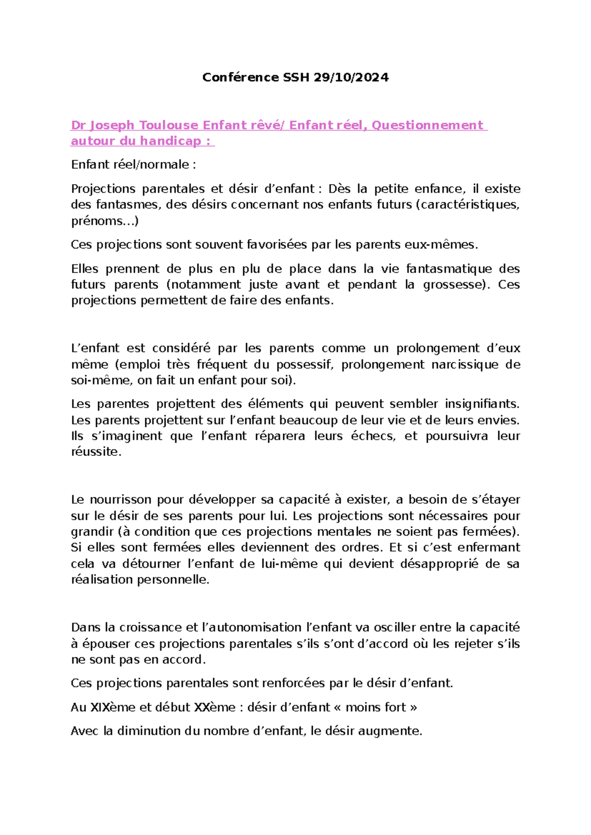 Conférence SSH 29 - Projections parentales et handicap chez l'enfant ...