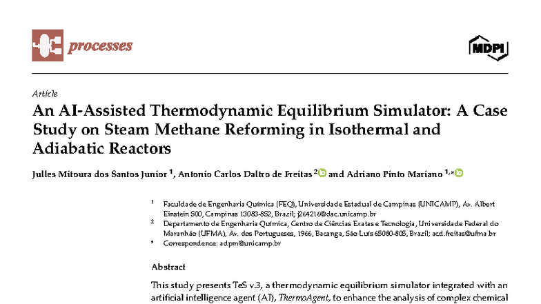 Thermodynamic Equilibrium Simulator for Steam Methane Reforming: A Case Study - Studocu