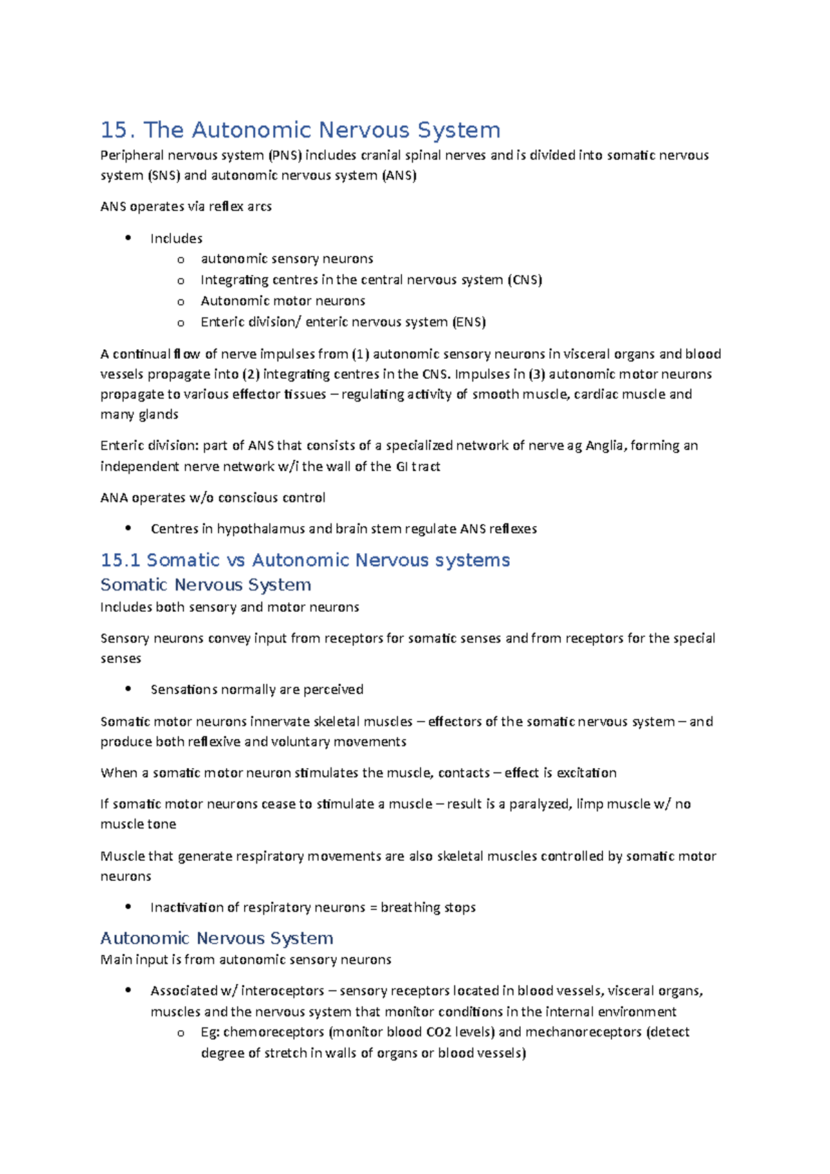 Chapter 15 - Lecture notes 28-30 - 15. The Autonomic Nervous System ...