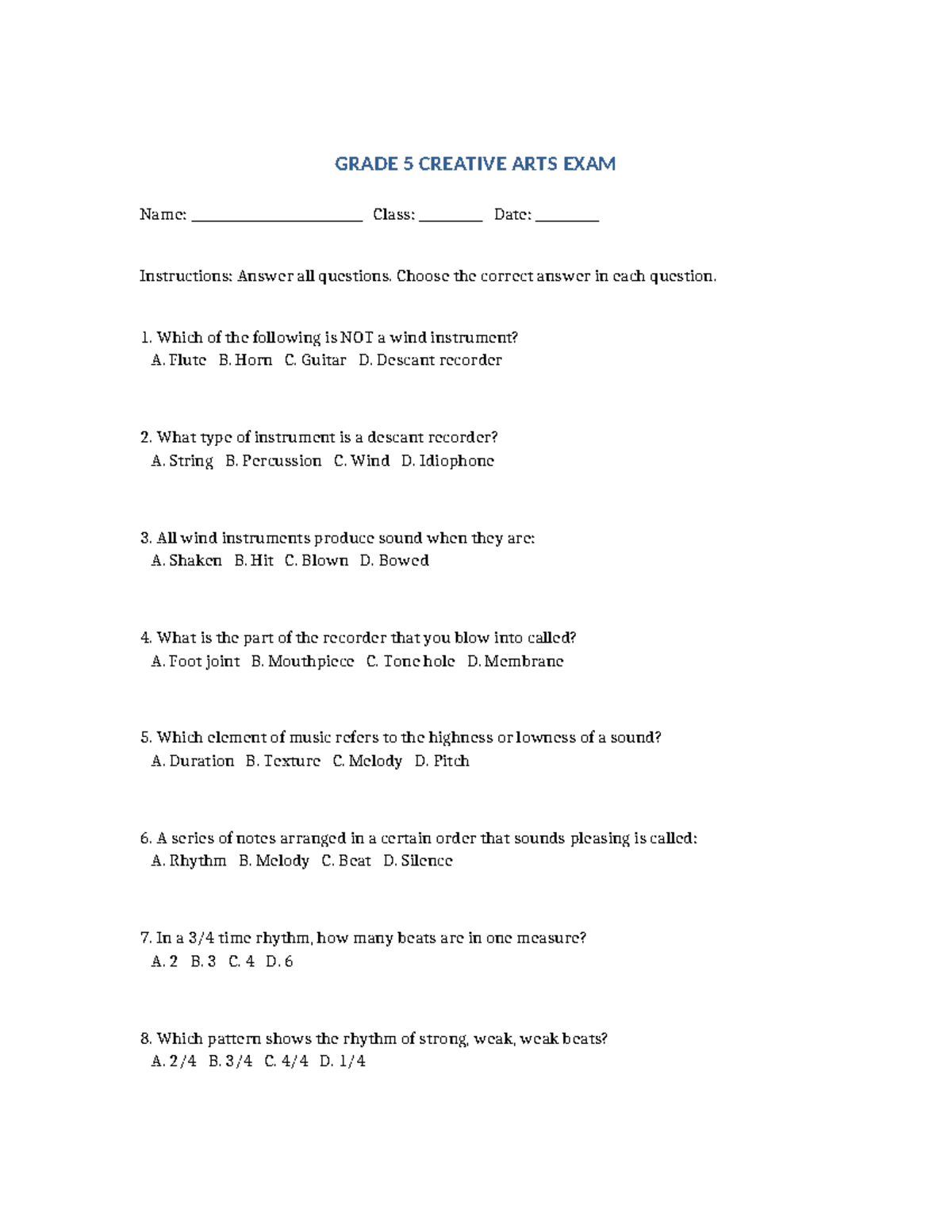 GRADE 5 CREATIVE ARTS FINAL EXAM: Questions & Answers - Studocu