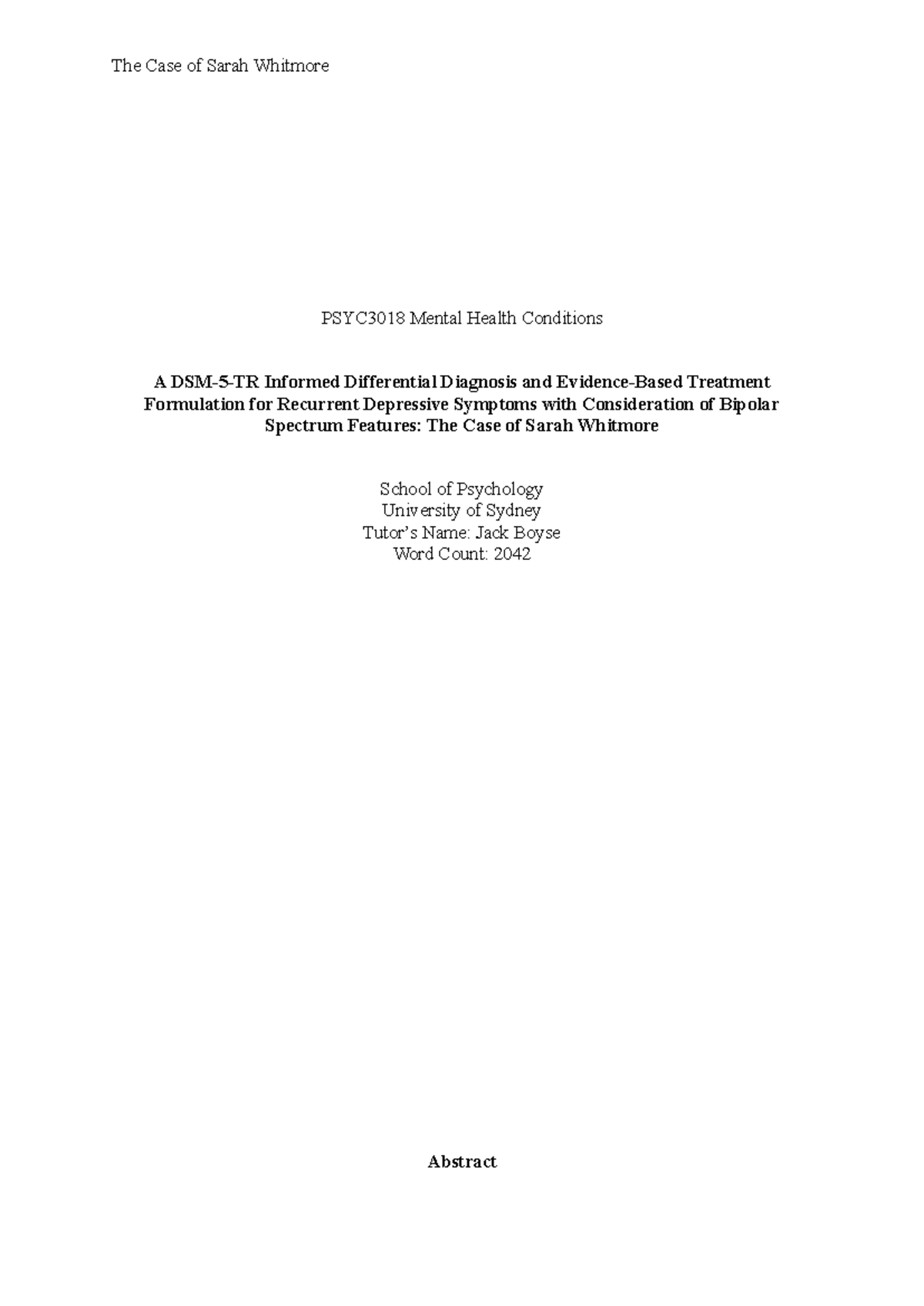 PSYC3018 Case Study: Differential Diagnosis & Treatment for MDD - Studocu
