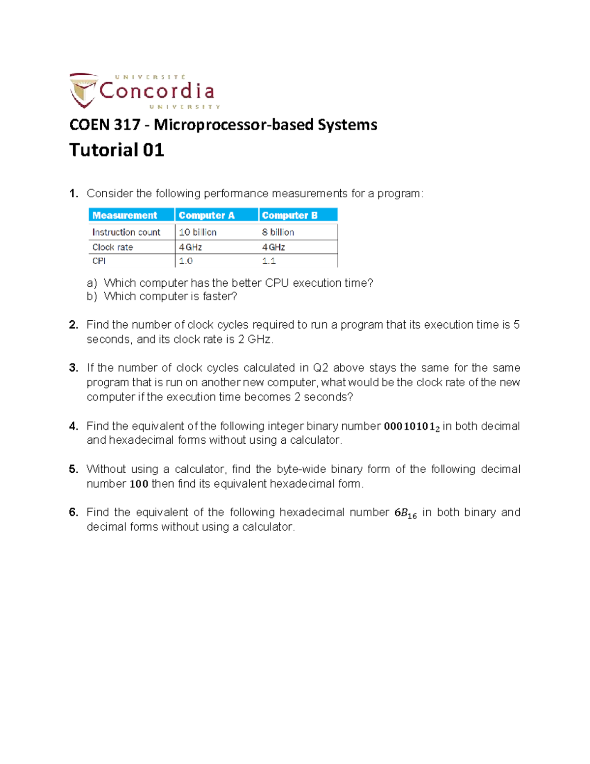 COEN 317 Systems Tutorial 01: Performance Measurements & Conversions ...
