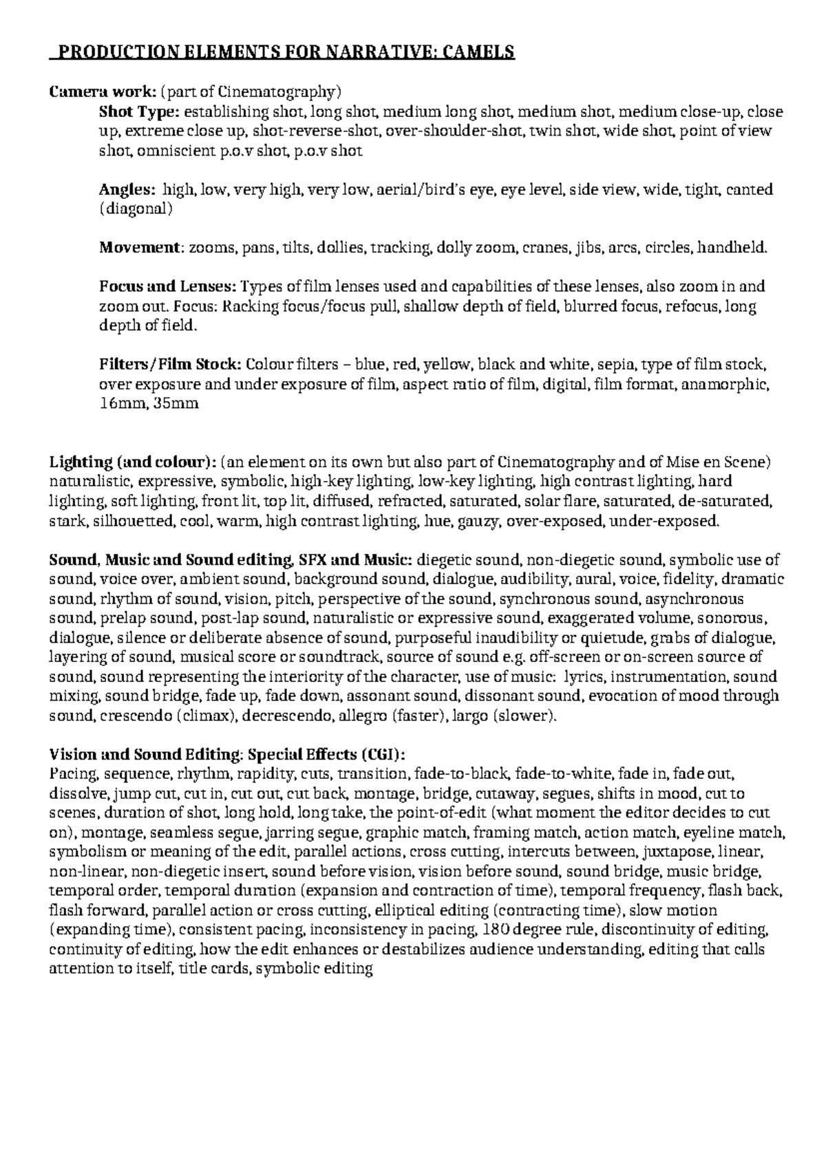 Copy of Cinema Terminology: Production & Story Elements - English - Studocu