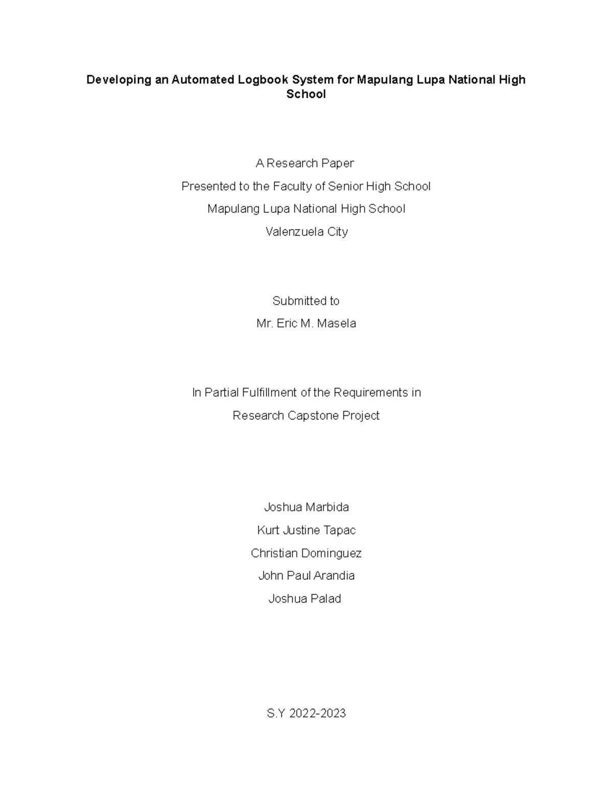 ( Group-1) Automated Logbook System Mlnhs - Developing an Automated ...