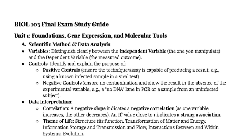 BIOL 103 Final Exam Study Notes: Foundations & Gene Expression - Studocu