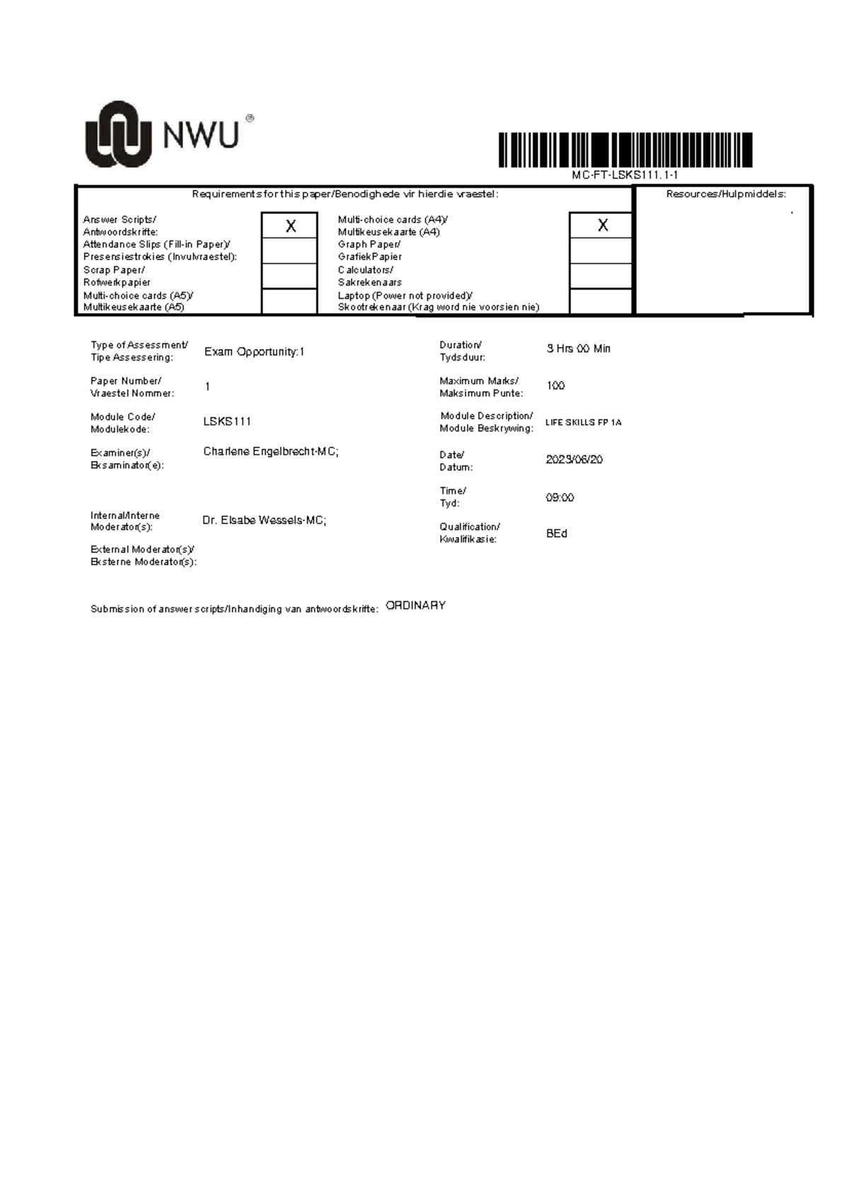 LSKS111 Exam Paper 1 Requirements and Attendance Details - Jun 2023 ...