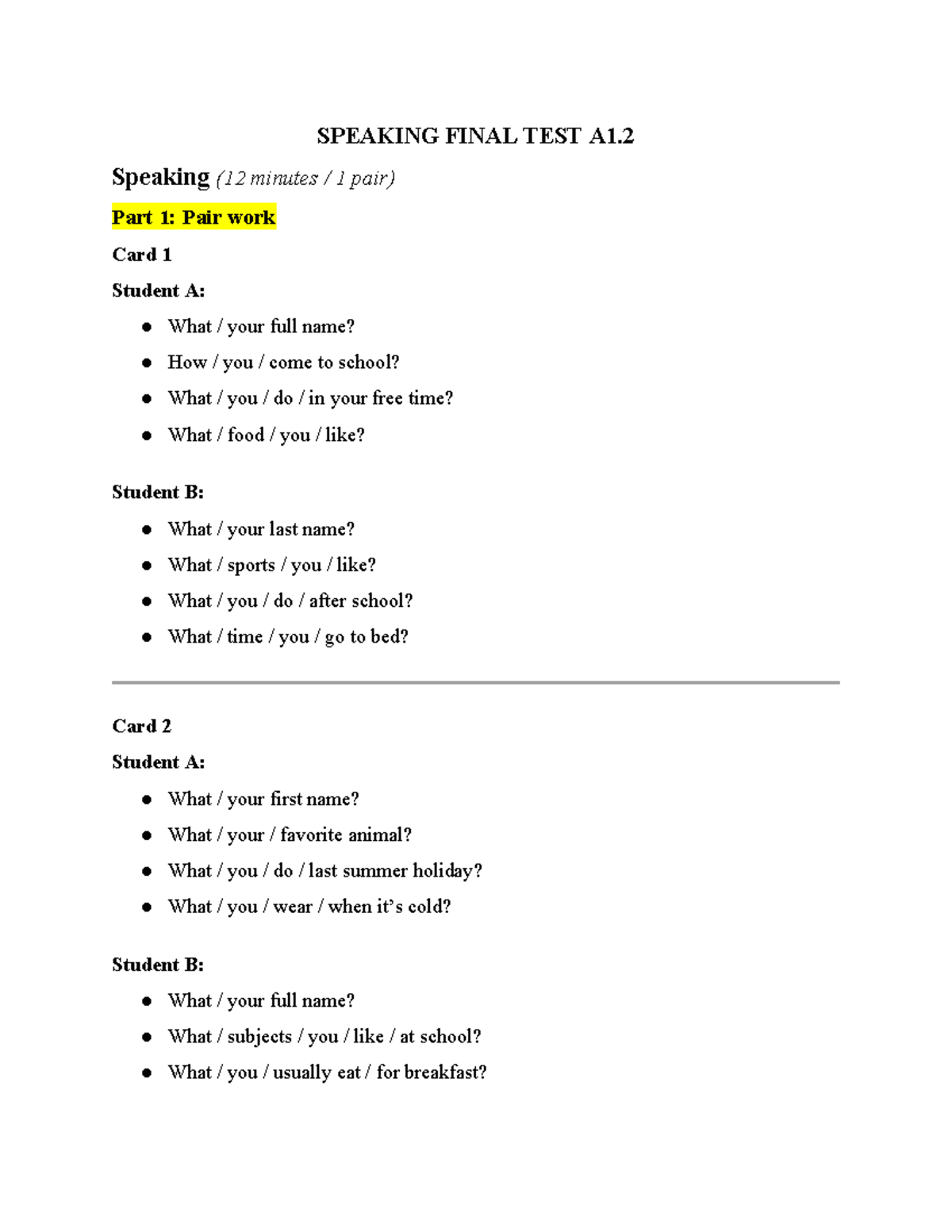 SPEAKING FINAL TEST A1.2: Pair Work Practice Guide - Studocu