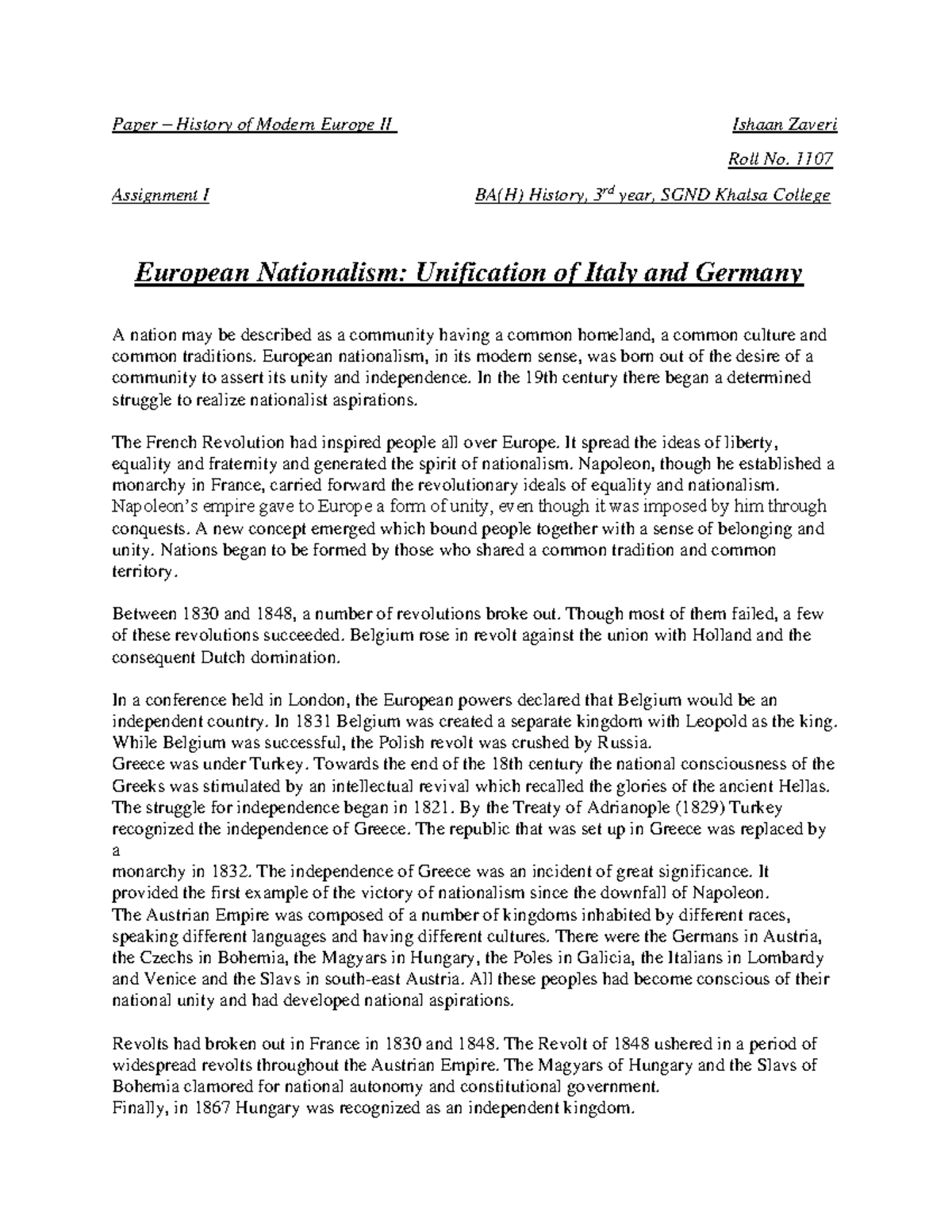 European Nationalism - Unification of Italy & Germany - Paper – History ...