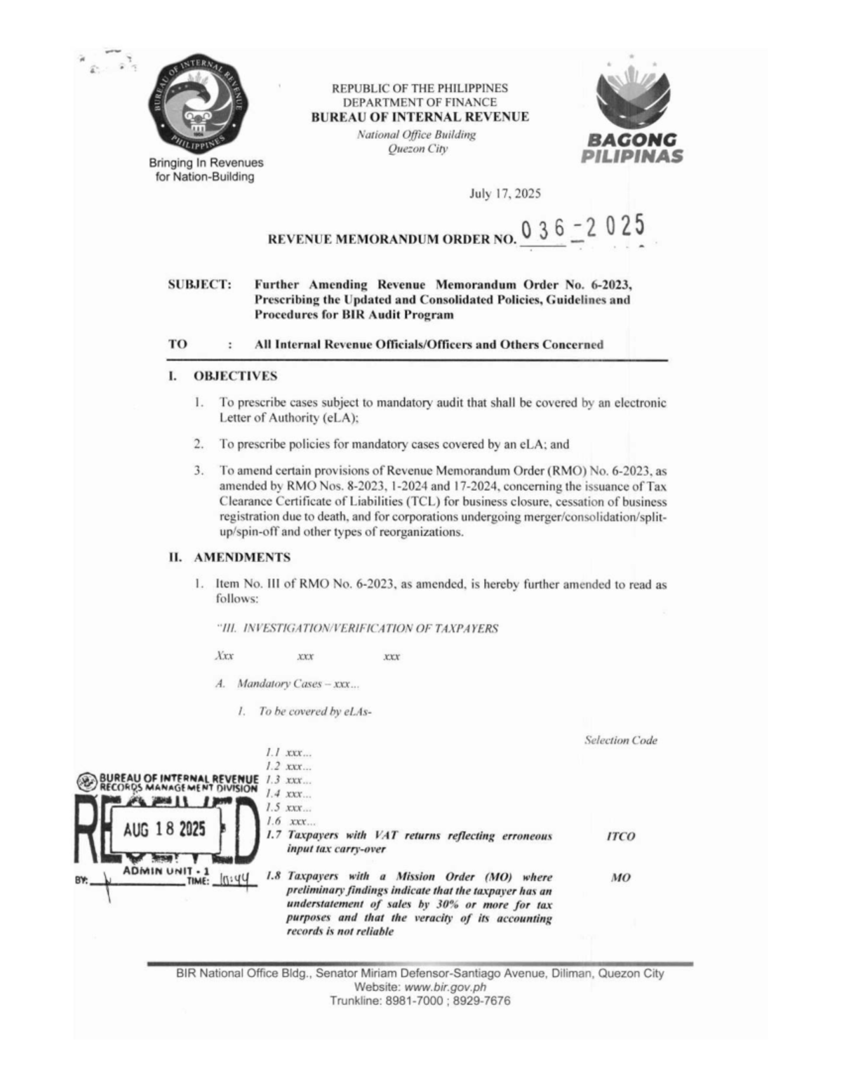 RMO No. 36-2025: Updated Policies for BIR Audit Program - Studocu