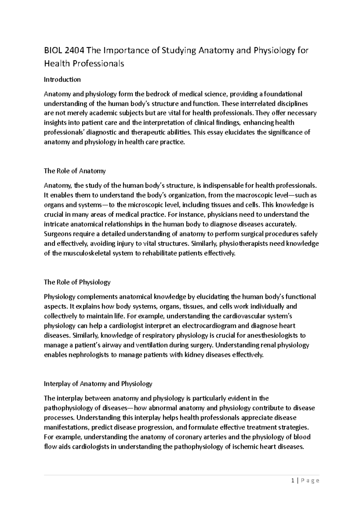 BIOL 2404 The Importance of Studying Anatomy and Physiology for Health ...
