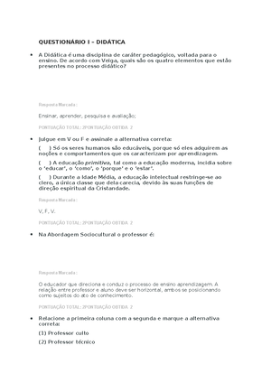 Questionári 1 - questionarios - QUESTIONÁRIO – ORGANIZAÇÃO E DIDÁTICA ...