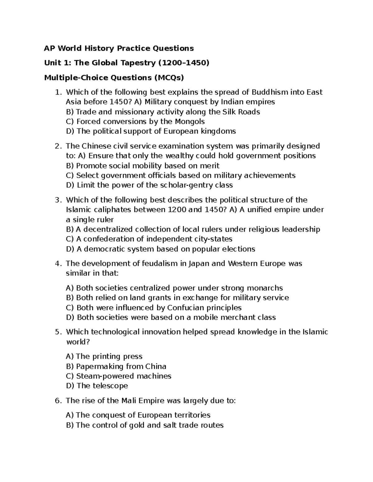 AP World History Unit 1: Practice Questions & MCQs - Studocu