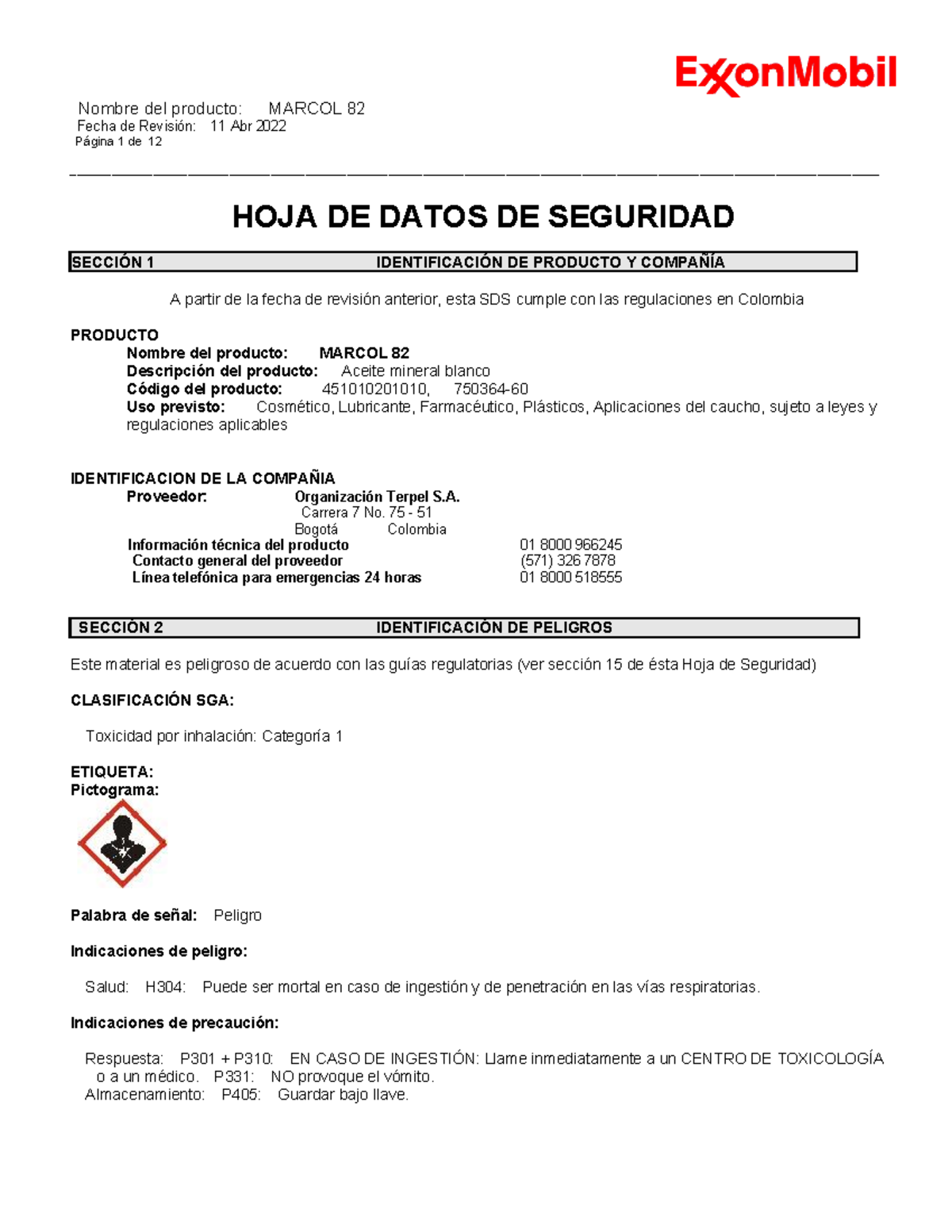 Marcol 82 - Ficha de Datos de Seguridad (Revisión Abr 2022) - Studocu
