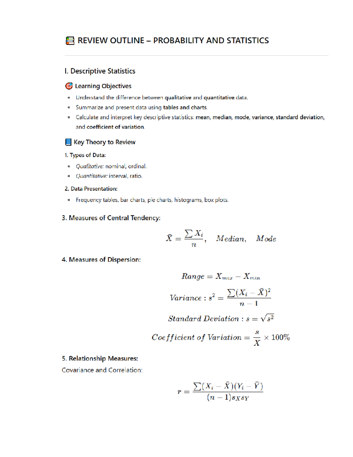 REVIEW OUTLINE - PROBABILITY AND STATISTICS I: DESCRIPTIVE STATS - Studocu