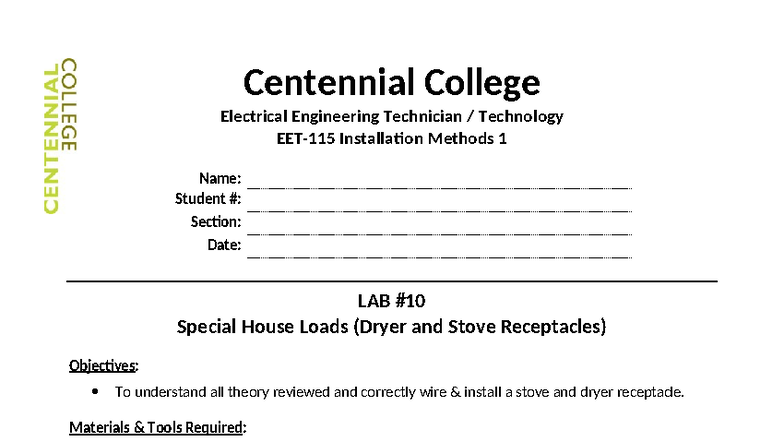 EET-115 Lab 10: Special House Loads (Dryer & Stove Receptacles) - Studocu