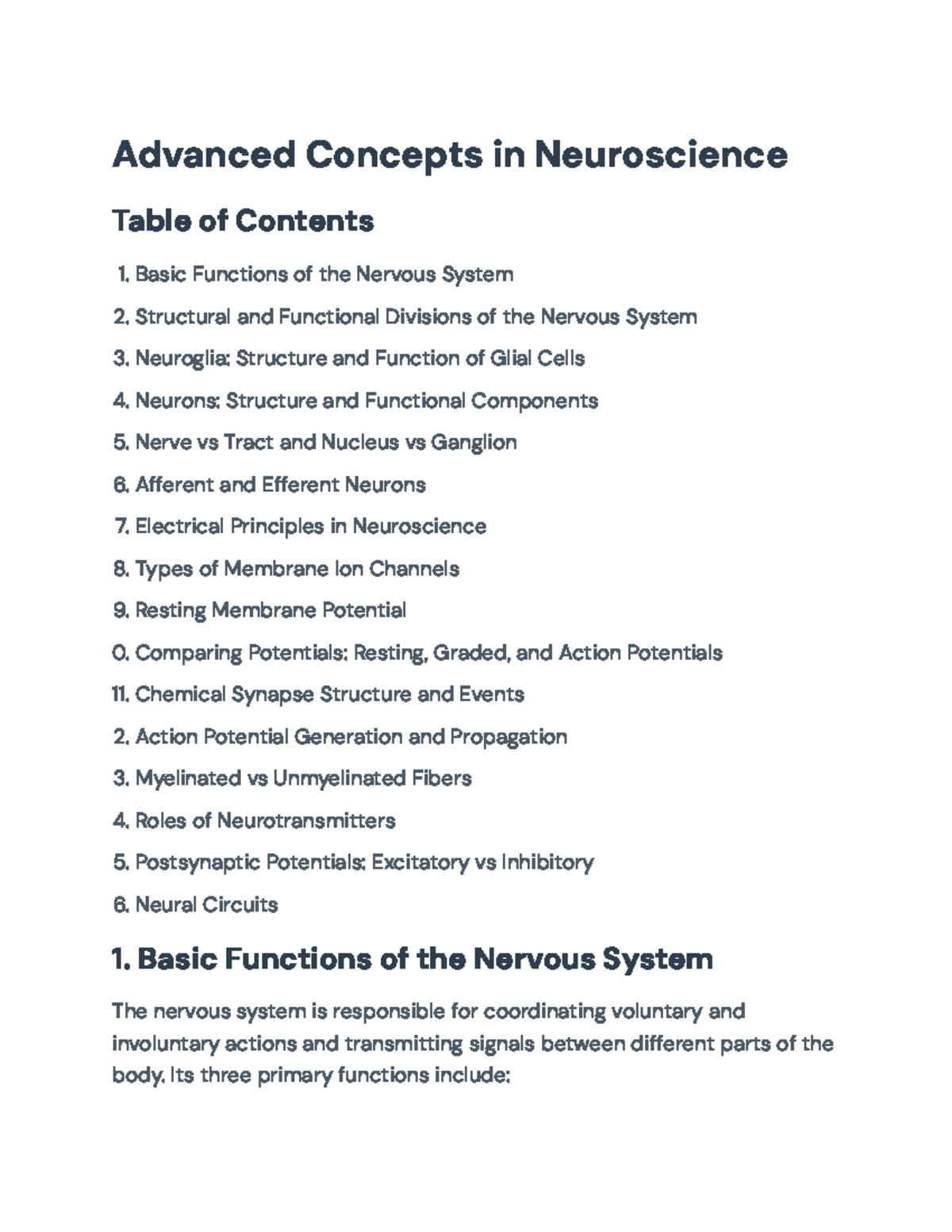 Advanced Concepts in Neuroscience: Structure, Function, and Signaling ...